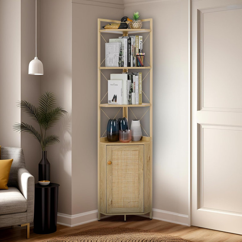 Bayou Breeze Corner Shelf With Cabinet, 71 Inches Multipurpose Corner Cabinet With Rattan ...